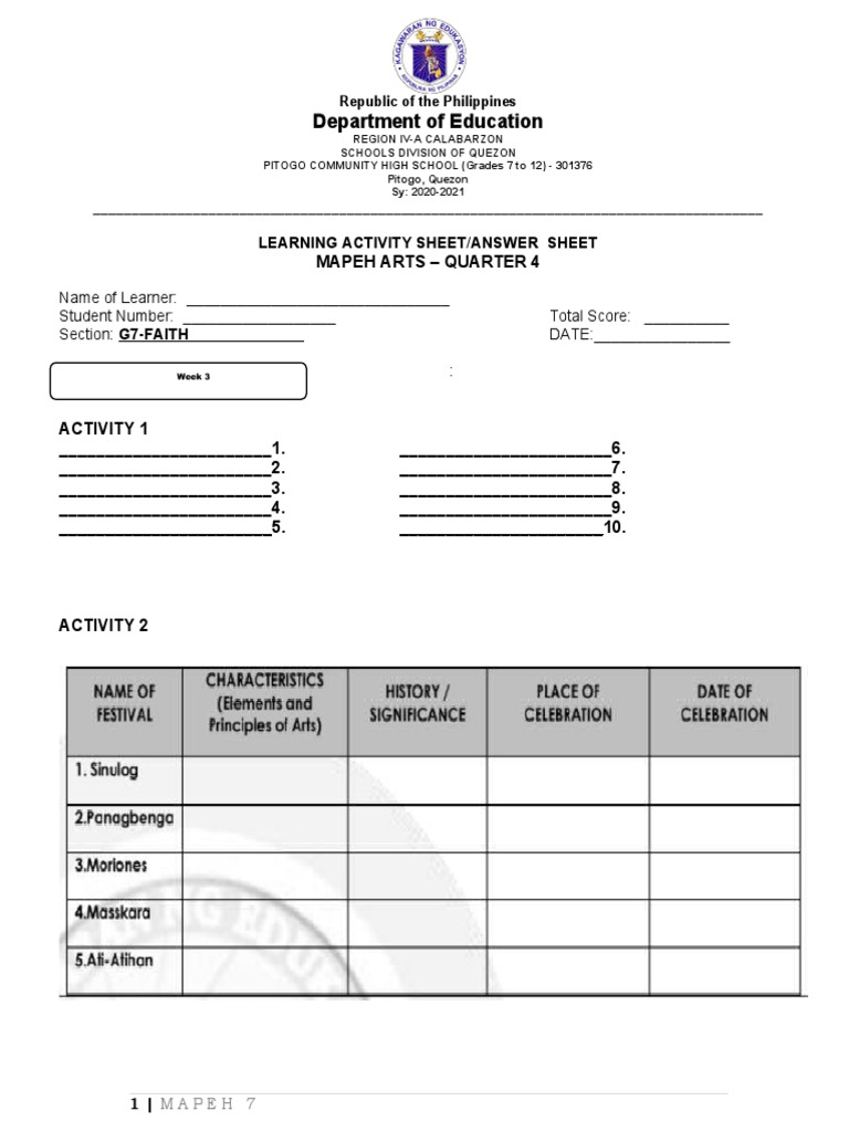 Mapeh Activity Sheet Q4 W3 Arts | PDF