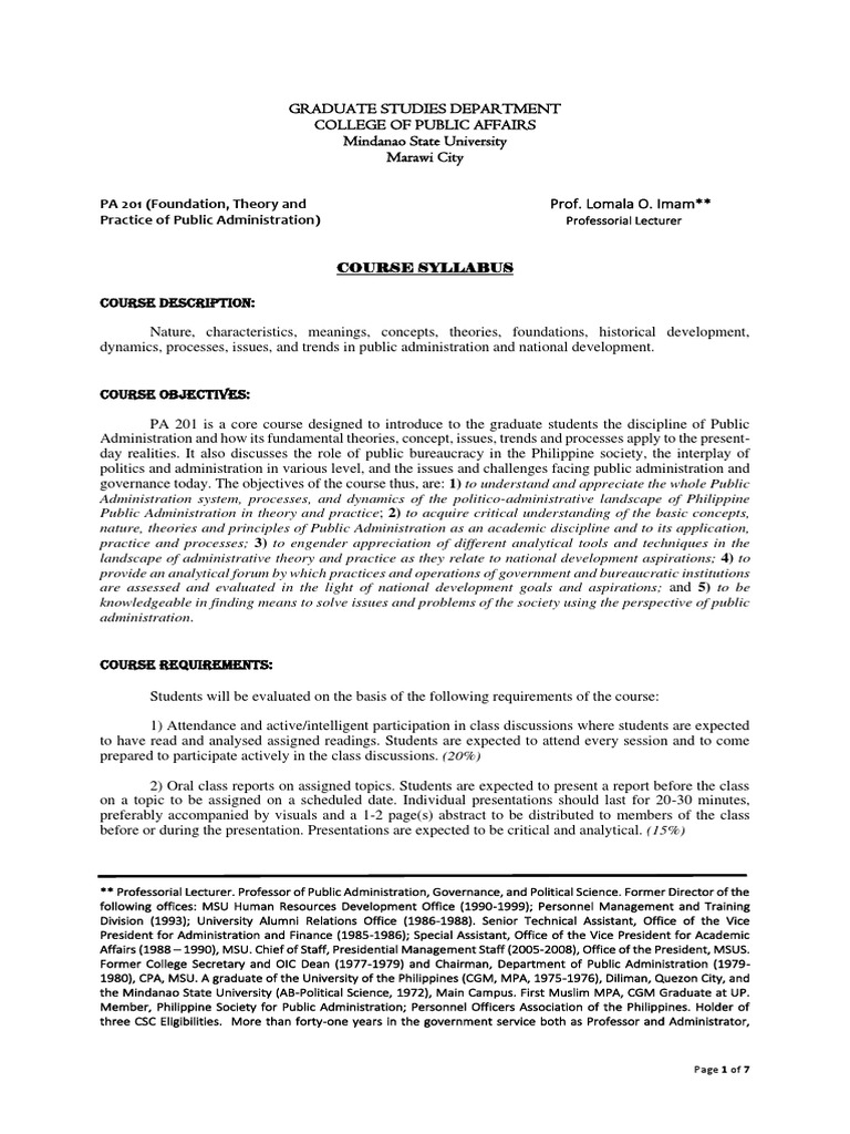 Pa 201 Syllabus 2021 | PDF | Public Administration | Governance