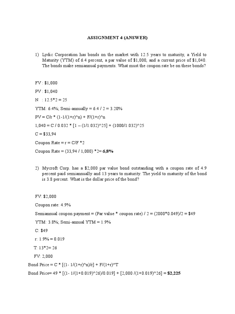 Assignment 4 (Revised) (Answers) | PDF | Bonds (Finance) | Financial Services