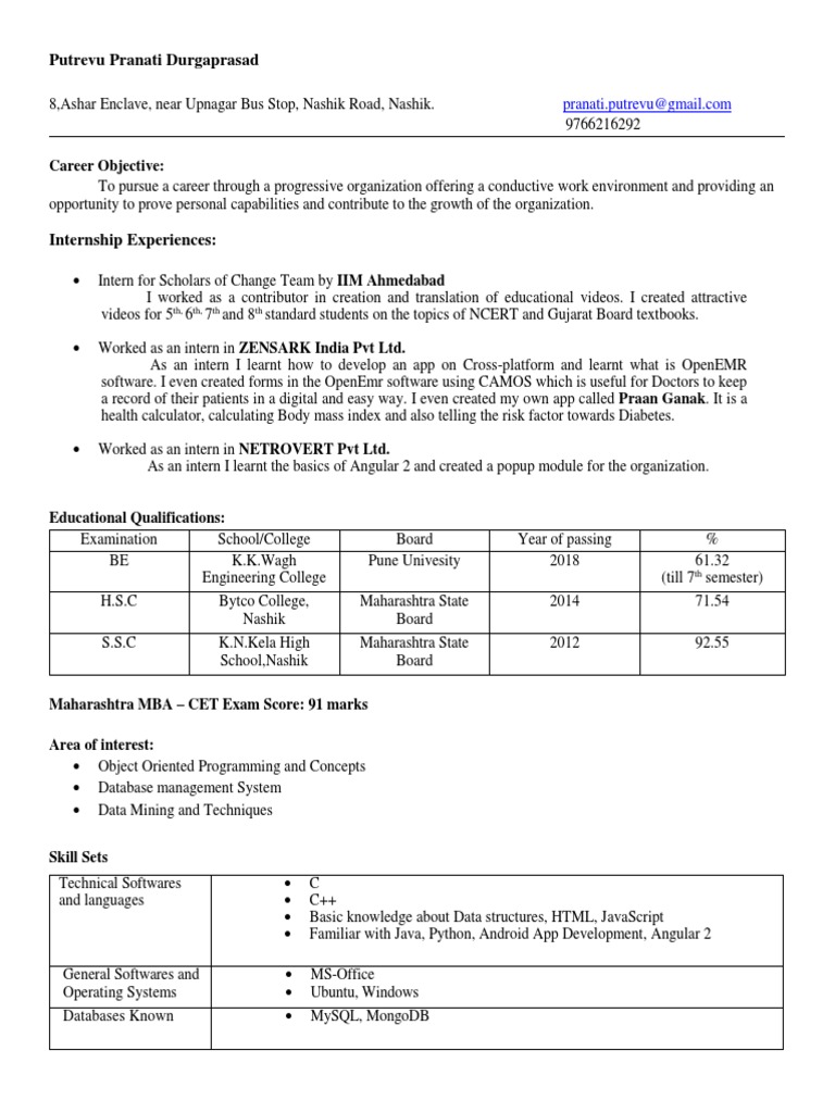 Putrevu Pranati Durgaprasad: Career Objective | PDF