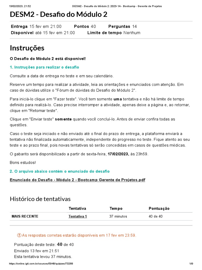 DESM2 - Desafio Do Módulo 2 - 2023-1A - Bootcamp - Gerente de Projetos-1 | Download grátis PDF ...