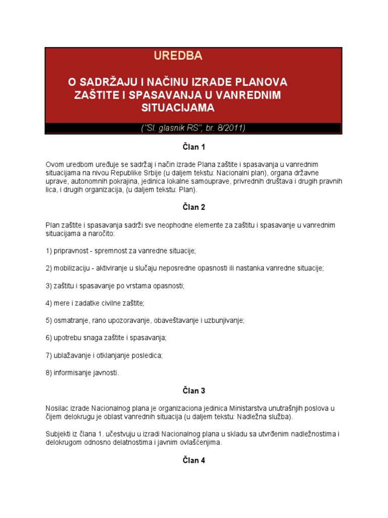 Uredba o sadržaju i načinu izrade planova zaštite i spasavanja u vanrednim situacijama | PDF