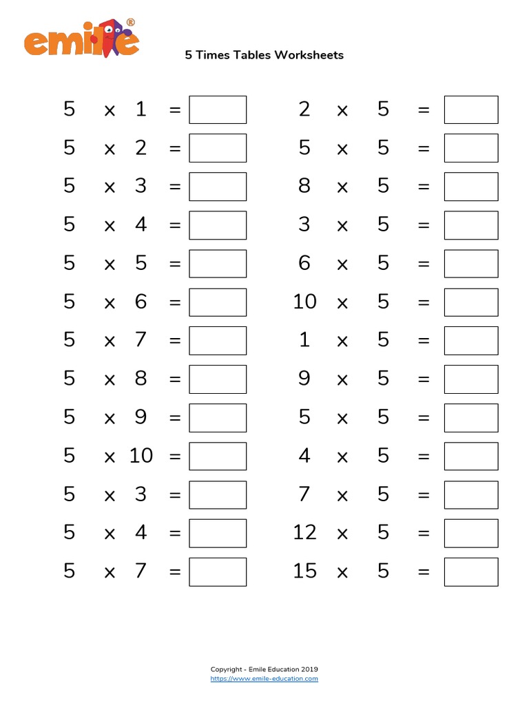 5 Times Tables Worksheet | PDF