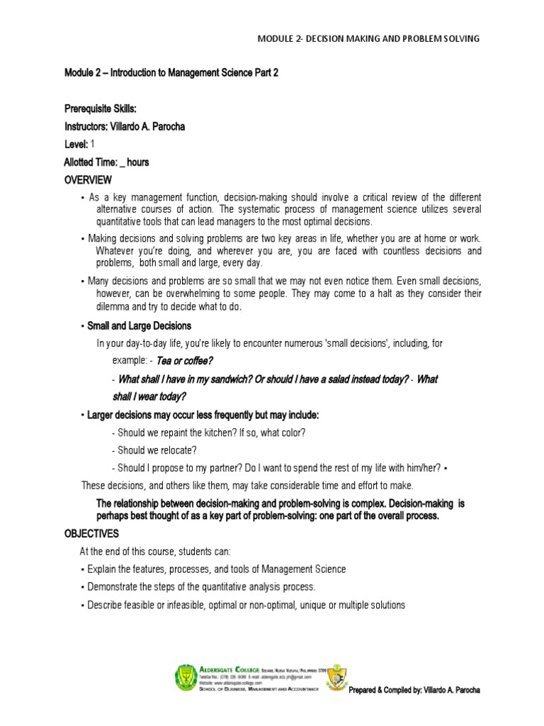 Module 2-Decision Making and Problem Solving: Prepared & Compiled By: Villardo A. Parocha | PDF