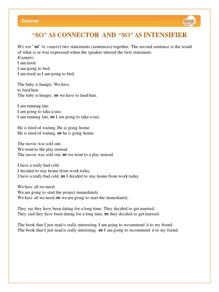 "So" As Connector and "So" As Intensifier: Examples | PDF