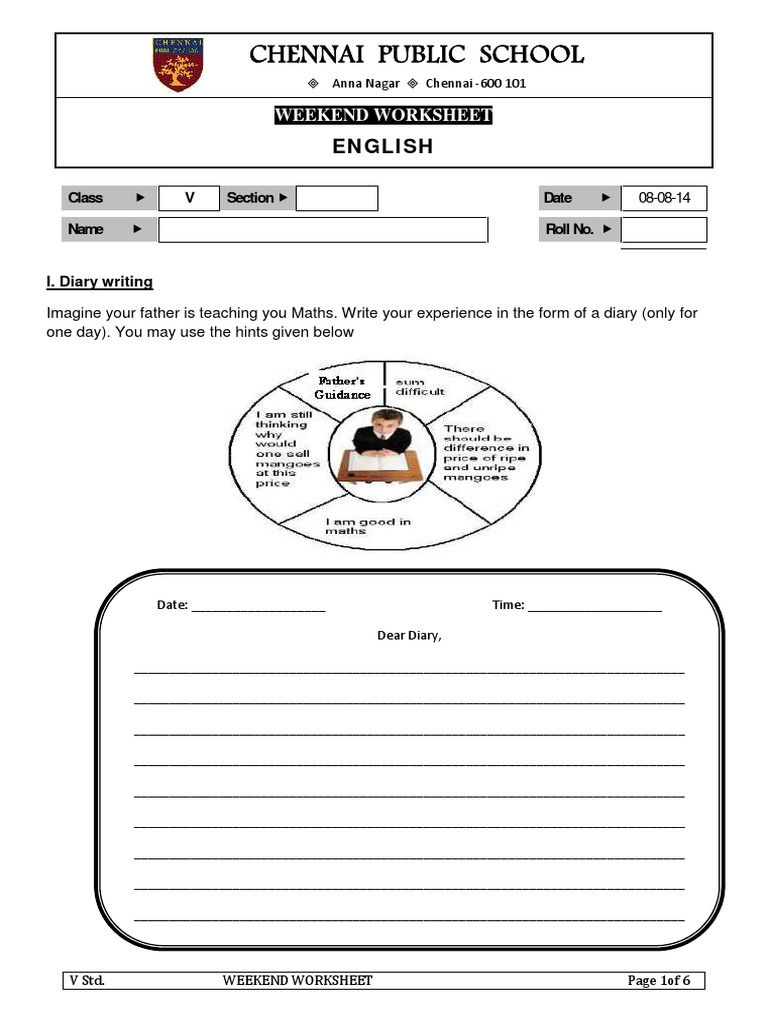 Diary Writing Worksheet for Class 5 | PDF | Verb | Language Mechanics