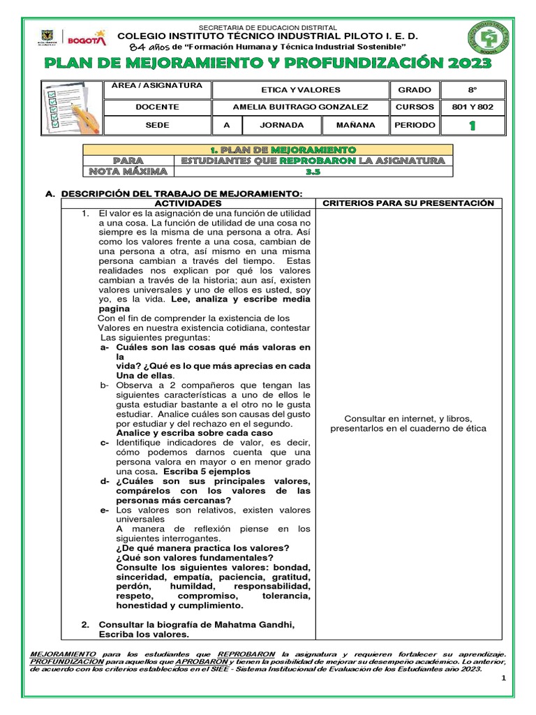 Plan MP 1P Ética 801 802 Ameliabuitrago JM 2023 | PDF | Evaluación