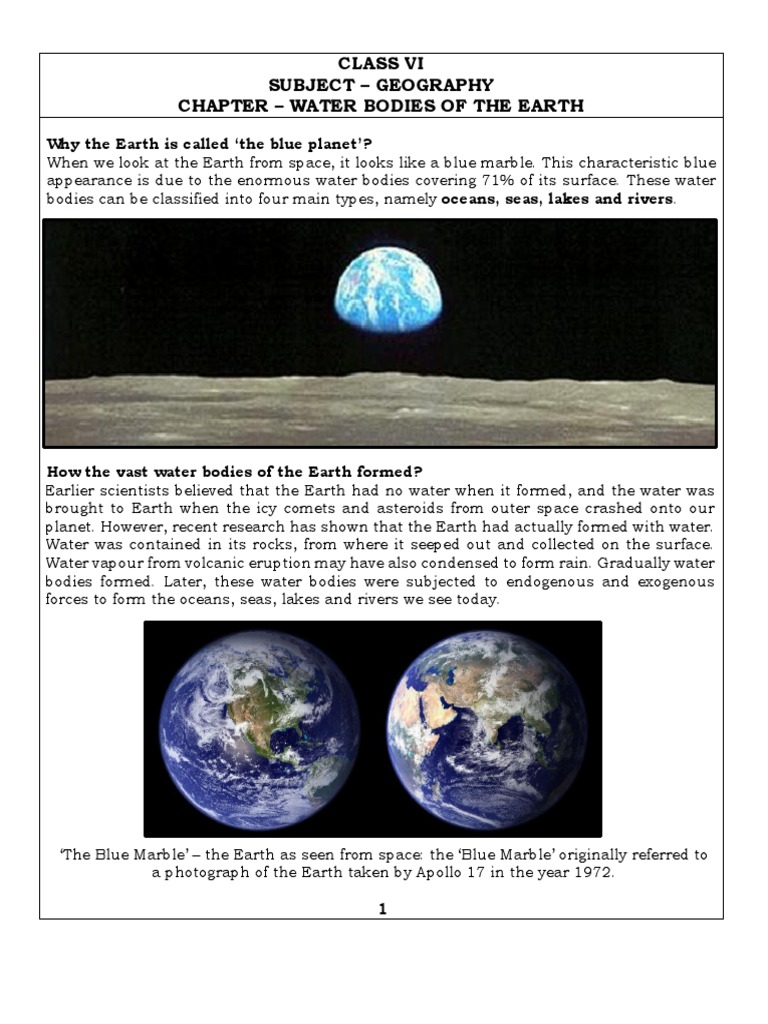 Water Bodies of Earth for Class 6 | PDF | Lake | River