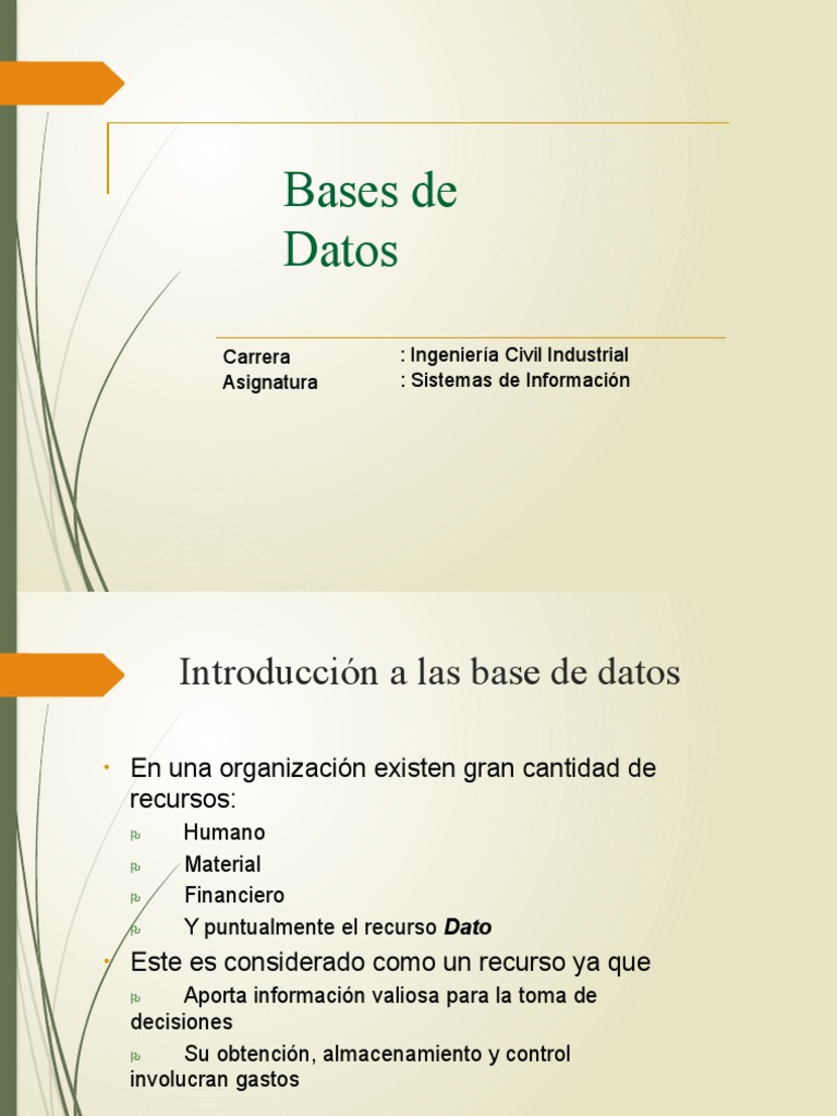 Bases de Datos: Carrera Asignatura: Ingeniería Civil Industrial: Sistemas de Información ...