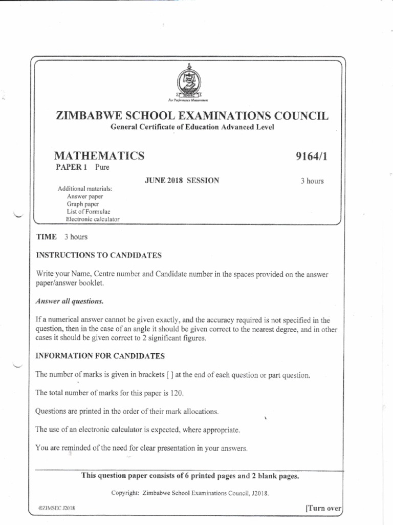 ZIMSEC 2018 June Paper 1 | PDF | Equations | Curve