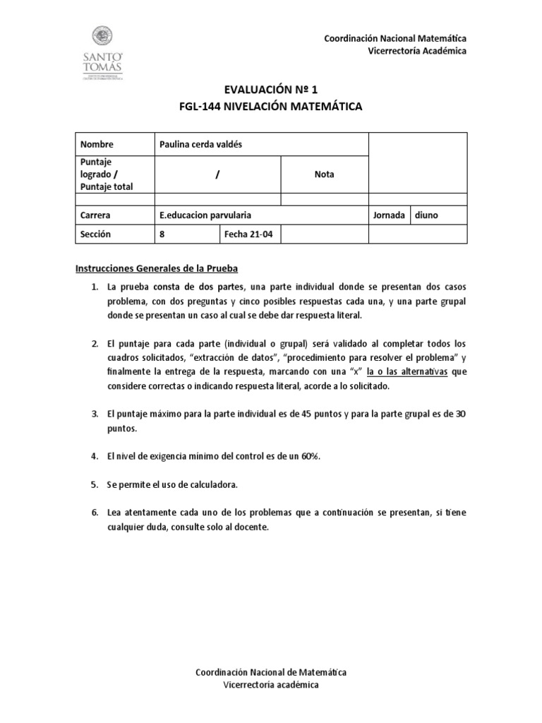 Evaluacion De Matematicas 1 Pdf