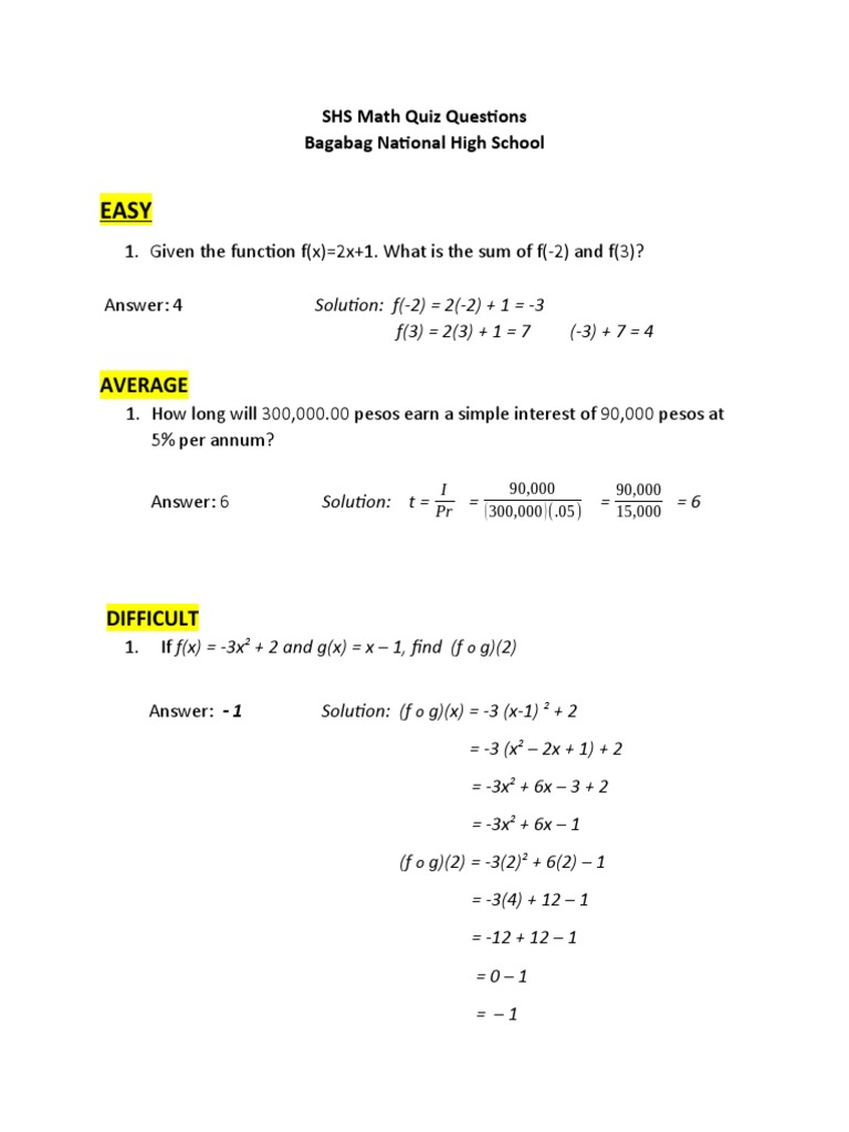 SHS Math Quiz Questions and Solutions | PDF