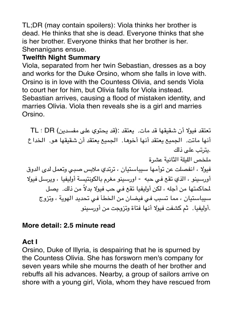 Summary of Twelfth Night | PDF