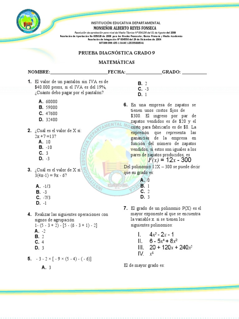 9° Matematicas - Prueba Diagnostica | PDF | Matemáticas