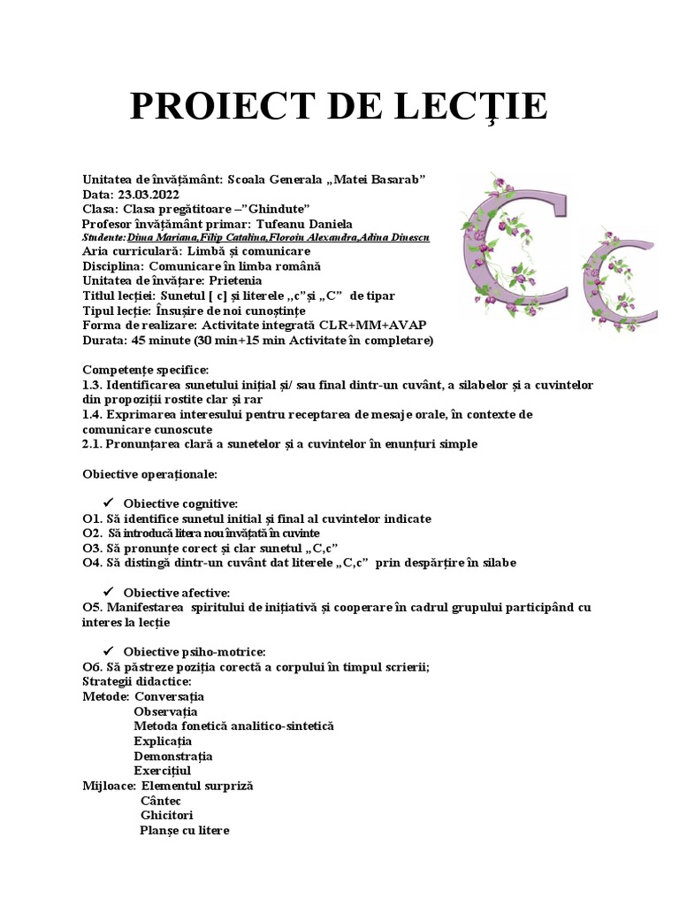 Proiect Didactic Litera C Clasa Pregatitoare | PDF