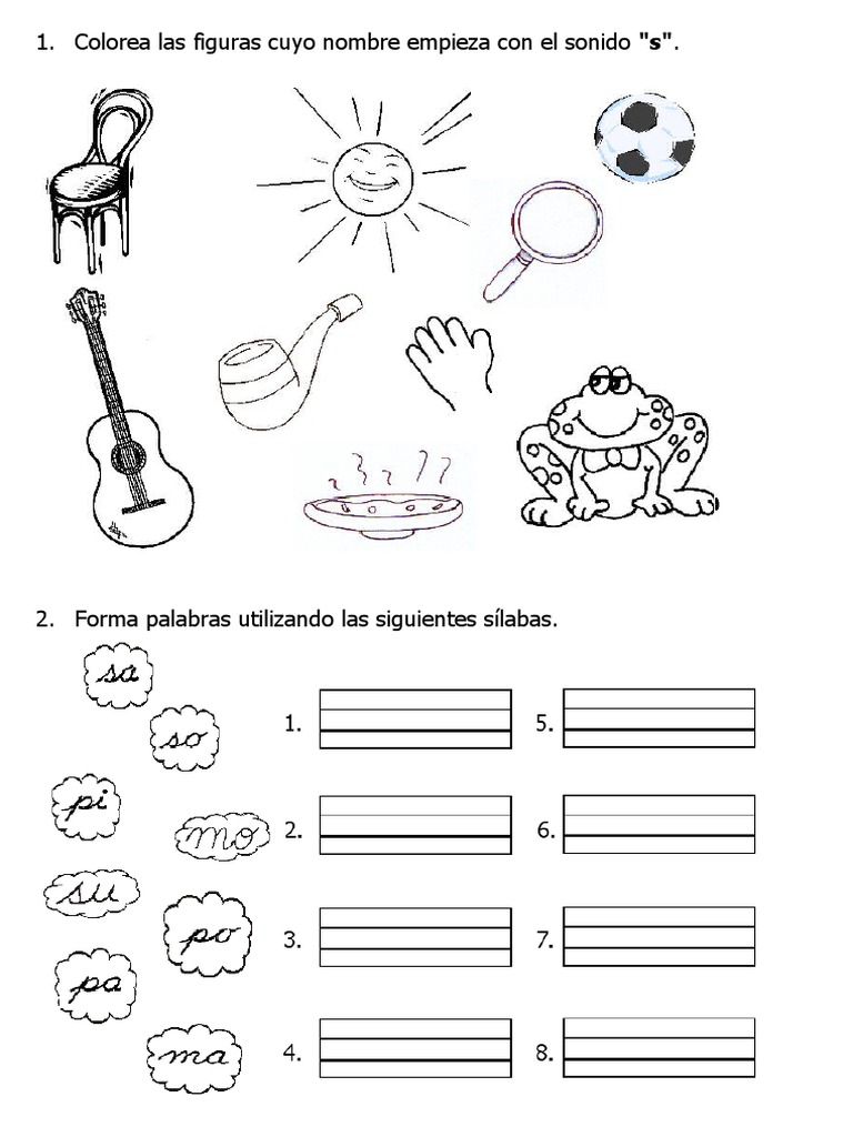 Colorea Las Figuras Cuyo Nombre Empieza Con El Sonido "S" | PDF