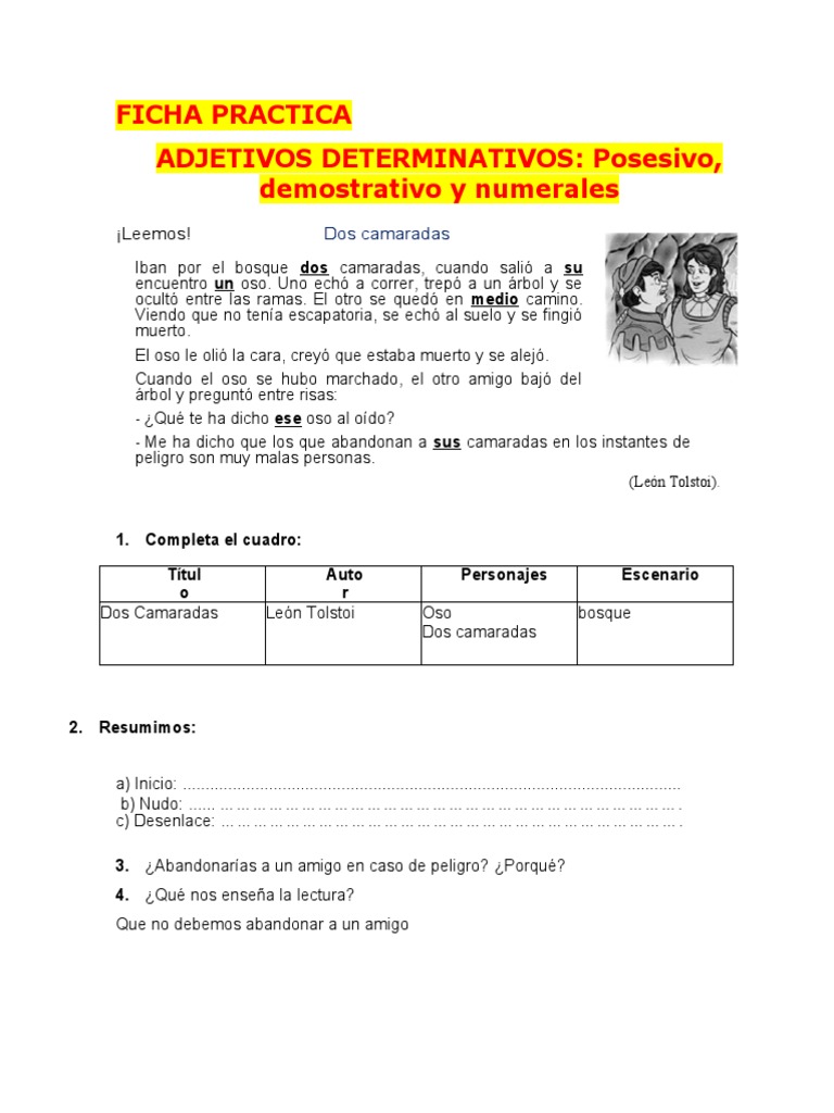 Ficha Practica Adjetivos Determinativos: Posesivo, Demostrativo y ...