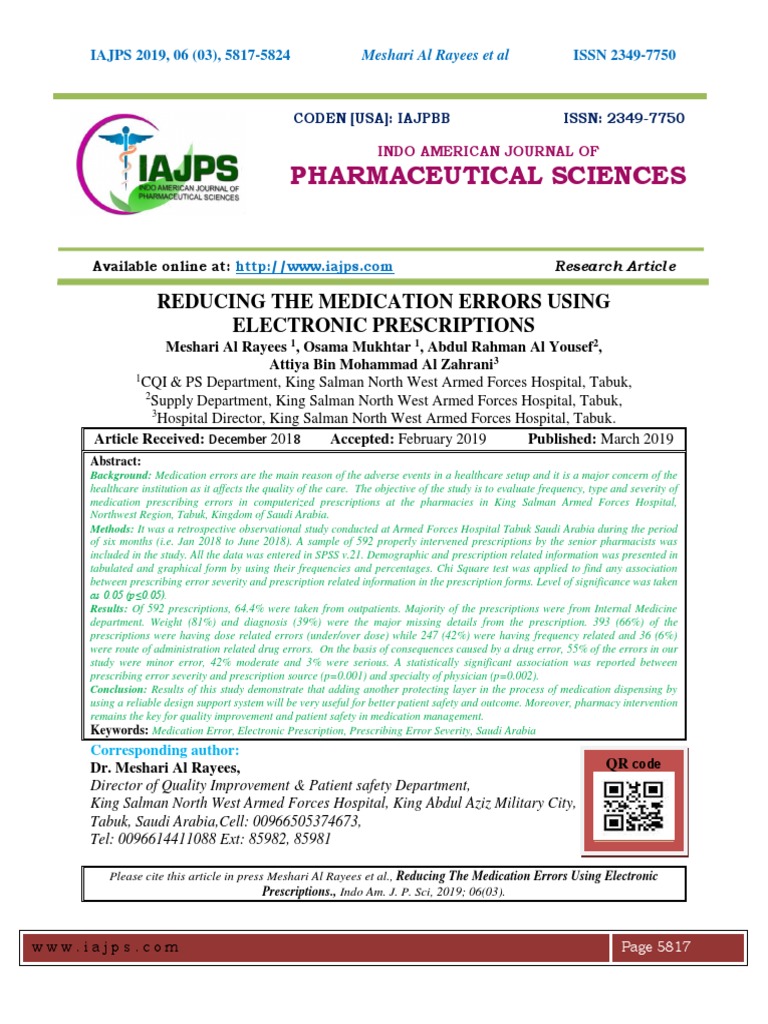 Pharmaceutical Sciences: Reducing The Medication Errors Using ...