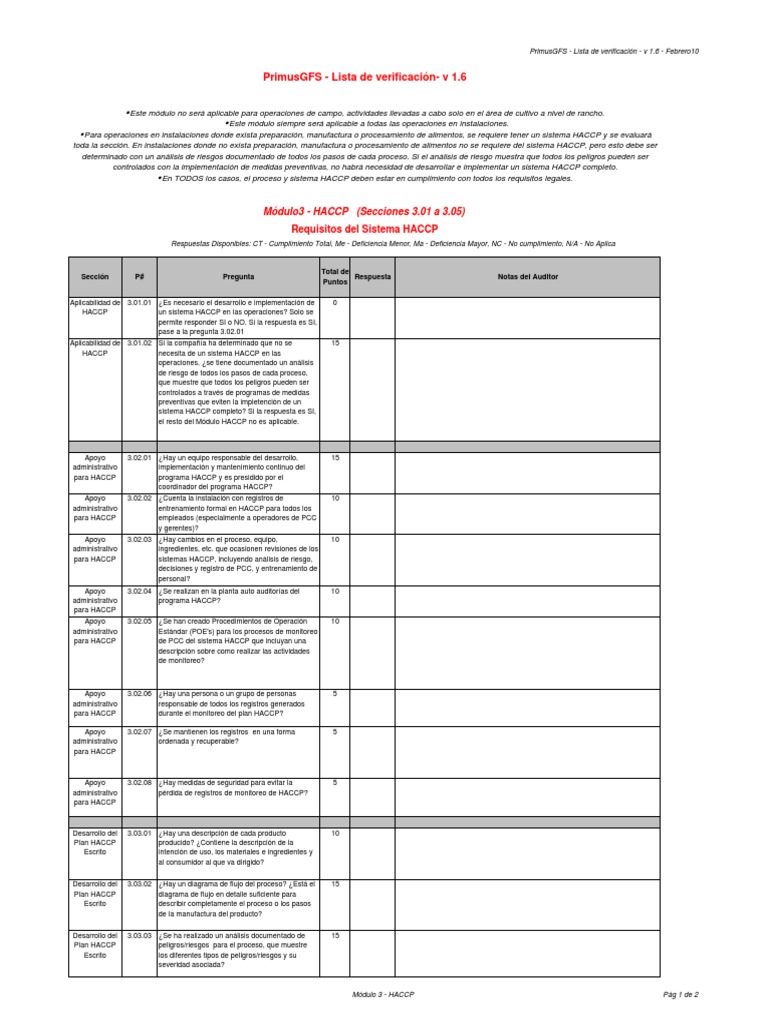 PrimusGFS Lista de Verificación Módulo 3 HACCP v1.6 Febrero10 | PDF | Análisis de Riesgo y ...