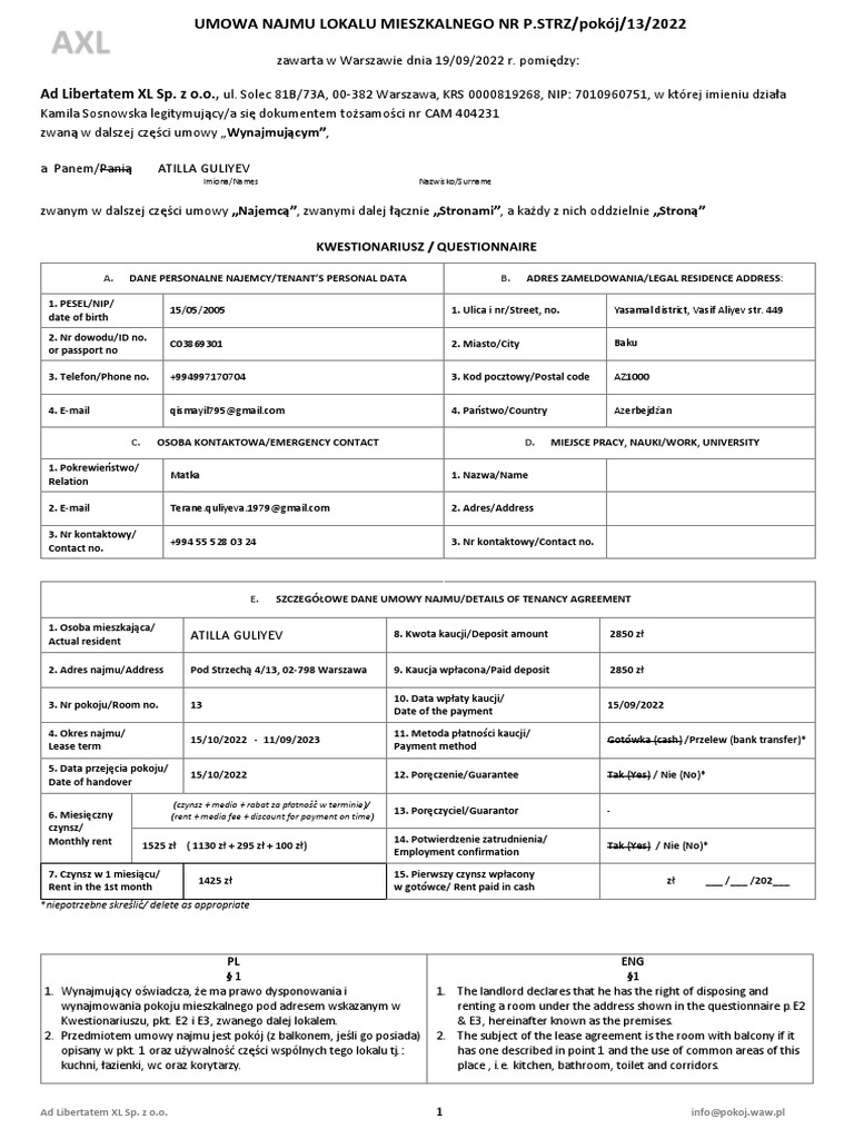Ad Libertatem XL Sp. Z O.o.,: Kwestionariusz / Questionnaire | PDF