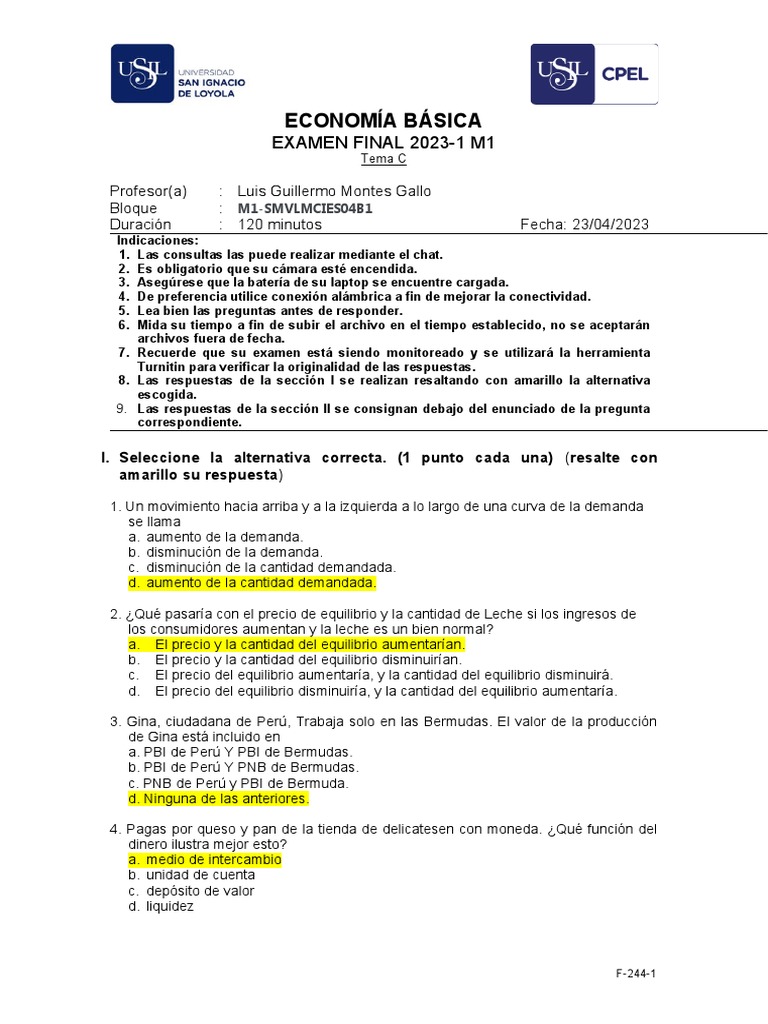Economía Básica: Examen Final 2023-1 M1 | PDF | Precios | Producto Interno Bruto