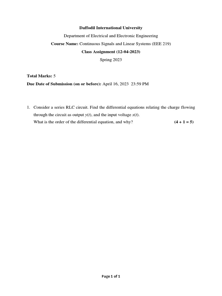 RLC Circuit Differential Equations Assignment | PDF