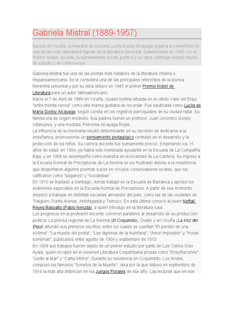 Biografía de Gabriela Mistral | PDF | Clásicos