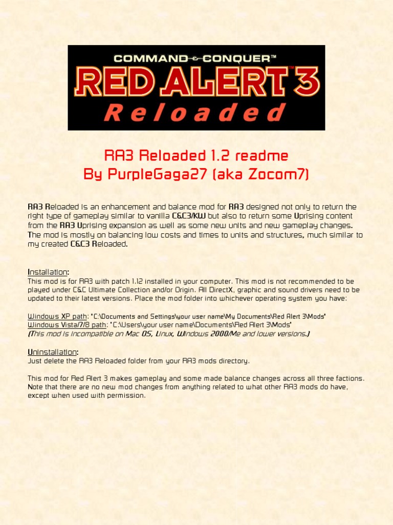 RA3 Reloaded 1.2 Readme | PDF | Microsoft Windows | Directory (Computing)