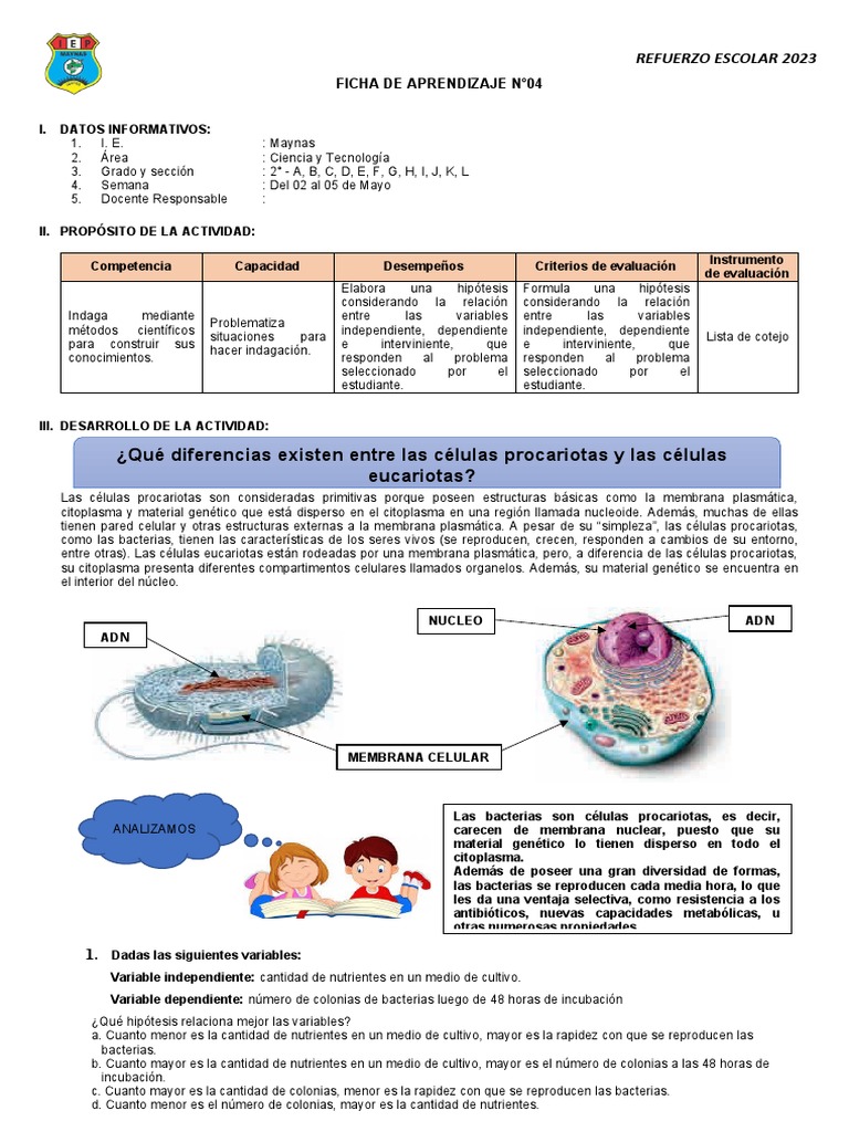 FICHA DE REFUERZO N°04-CyT - 2do | PDF | Biología Celular) | Las bacterias