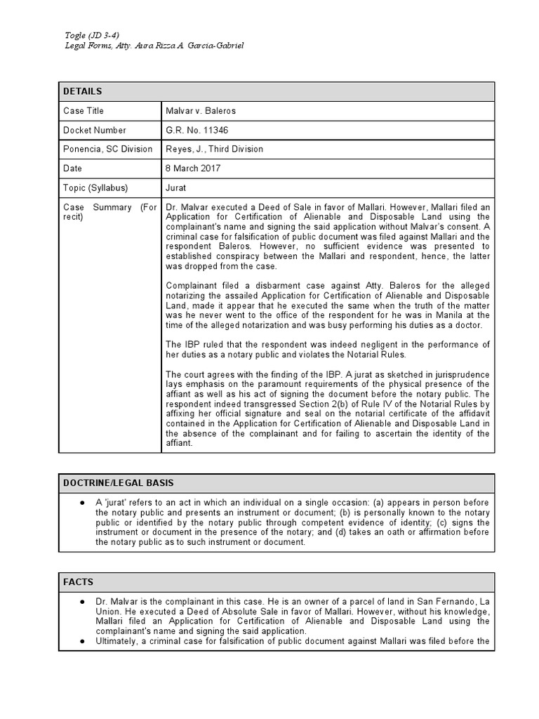 LEGAL FORMS - Malvar v. Baleros (A.C. No. 11346) | PDF | Affidavit | Notary Public