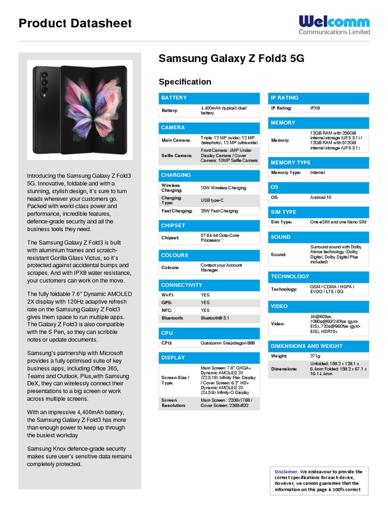 Samsung Galaxy Z Fold3 5g - Datasheet | PDF | Smartphone | Personal ...