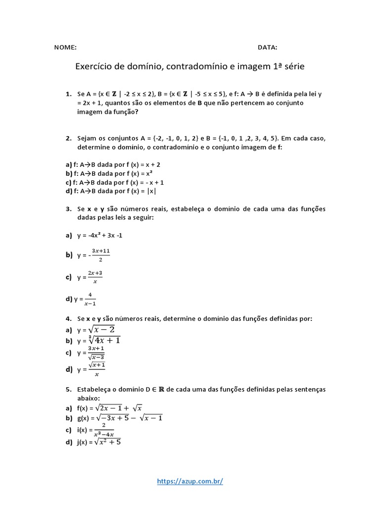 Pdf Exercício De Domínio Contradomínio E Imagem 1 Série Pdf