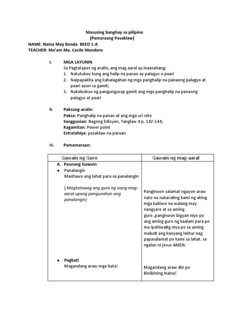Lesson Plan Sa Pilipino | PDF | Language Arts & Discipline | Self ...