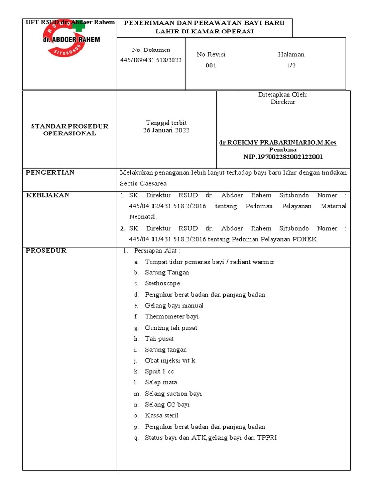 Prosedur Perawatan Bayi SC di RSUD | PDF