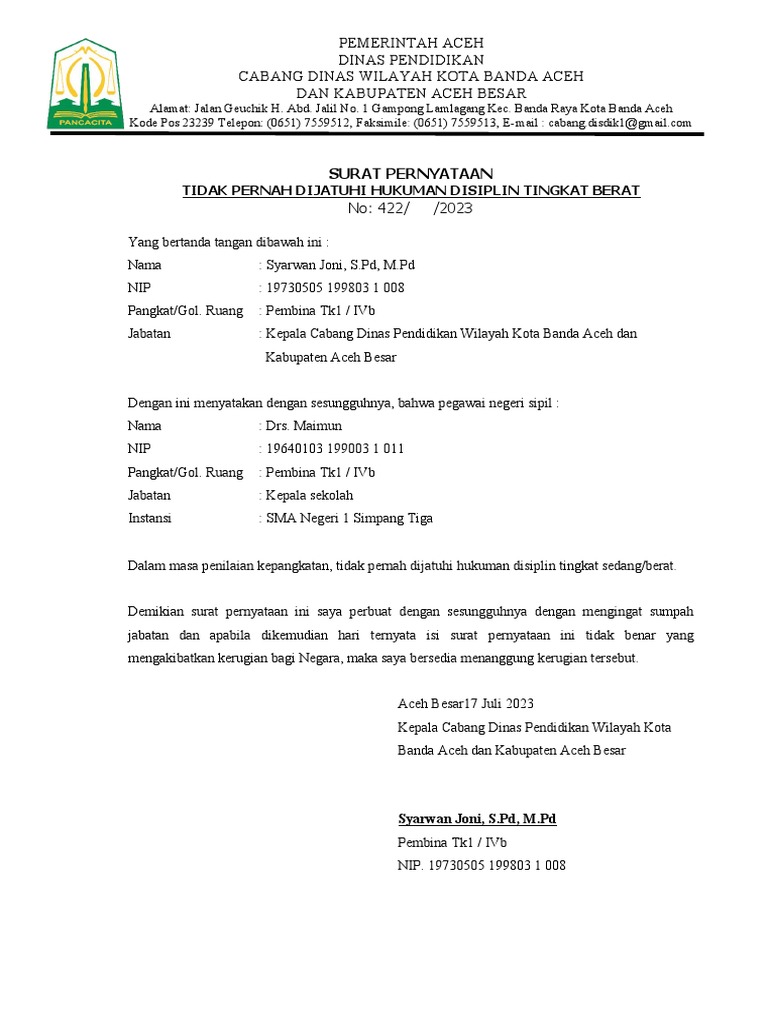 Surat Pernyataan Bebas Hukuman | PDF