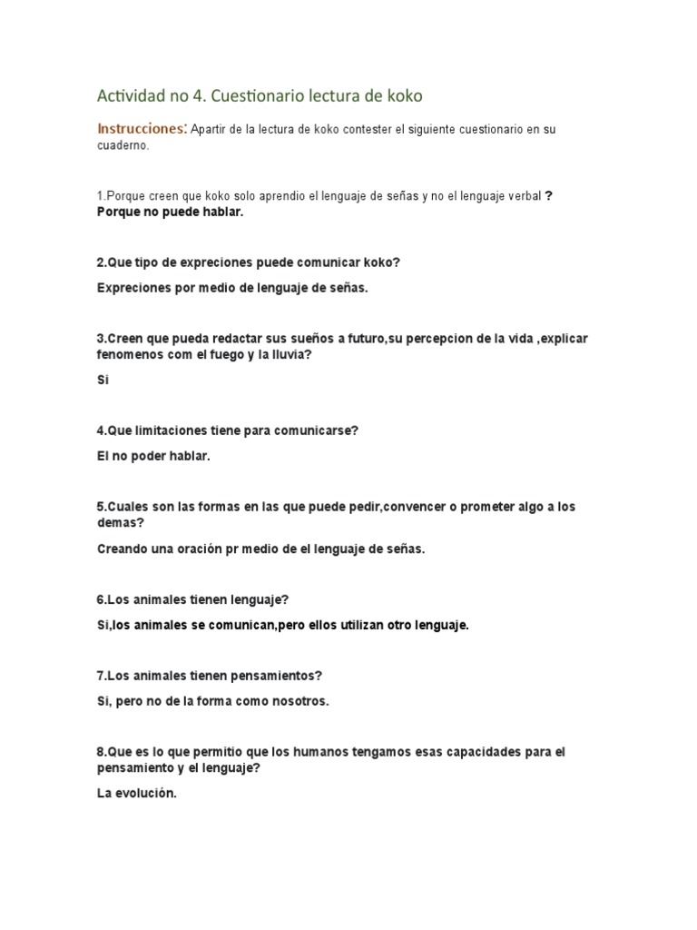 Cuestionario sobre Koko y el lenguaje de señas | PDF | Crecimiento ...
