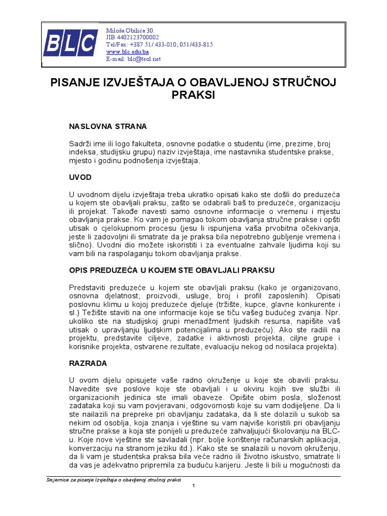 Pisanje Izvještaja O Obavljenoj Stručnoj Praksi: Naslovna Strana | PDF