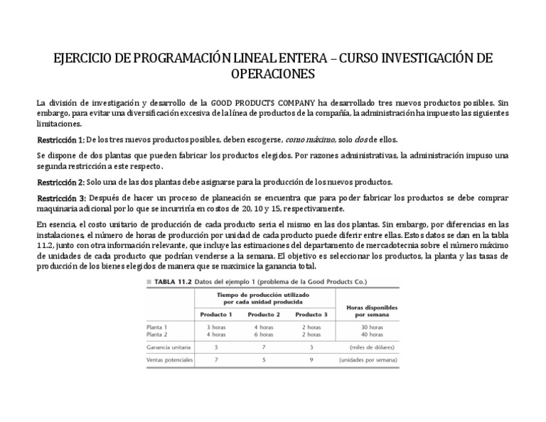 Ejercicio en Clase Programación Lineal Entera 2 | PDF