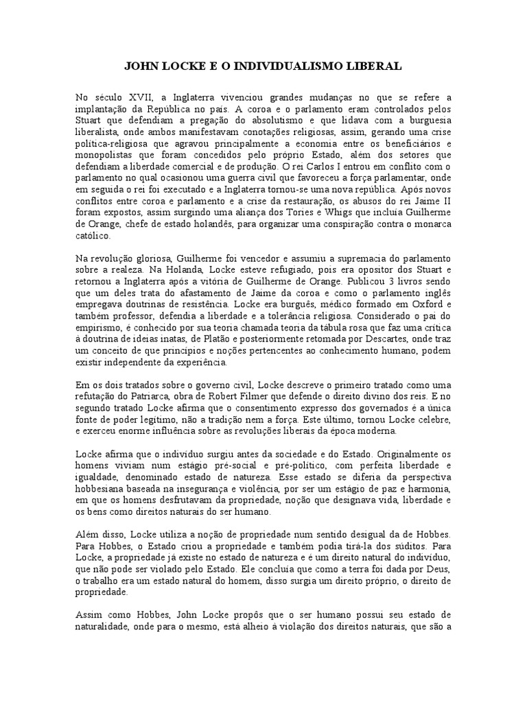 Locke e o Individualismo Liberal - Resumo | PDF | Estado | John Locke
