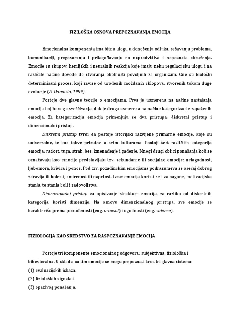 Fiziloška Osnova Prepoznavanja Emocija | PDF