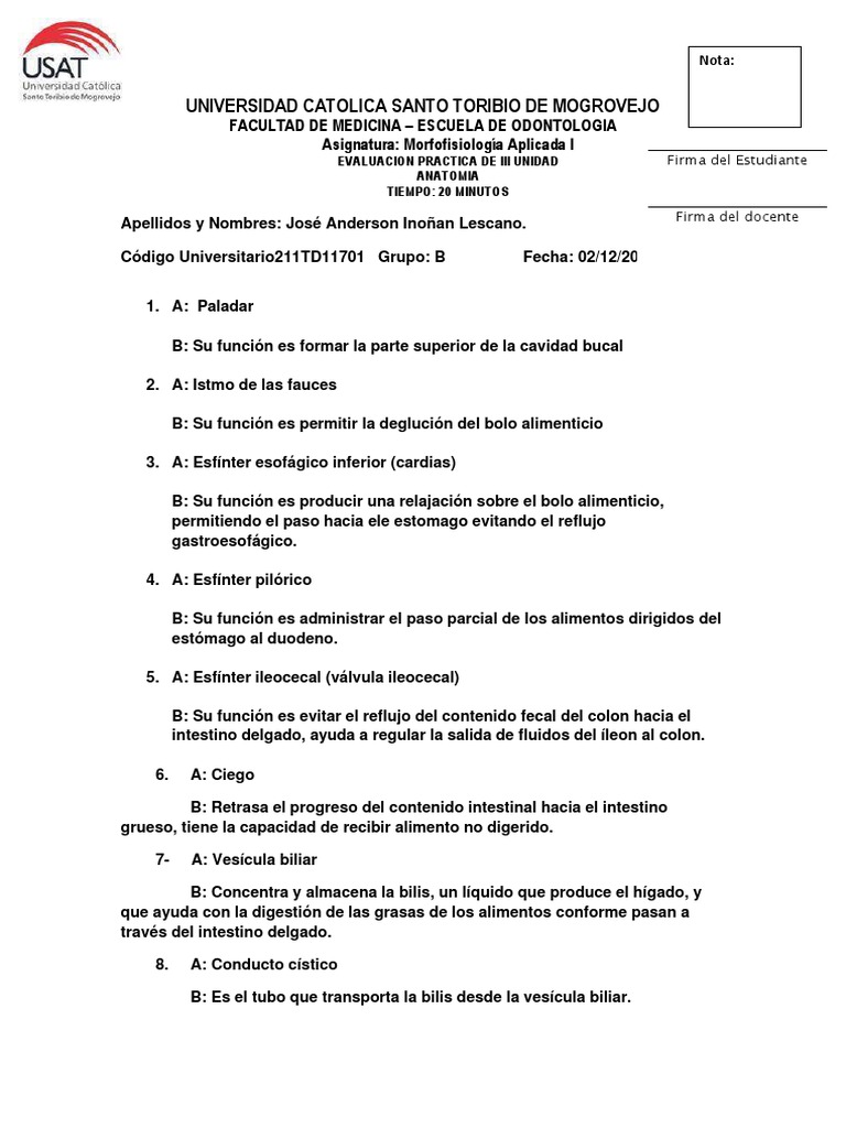 Examen Practico de Anatomia - José Inoñan Lescano | PDF