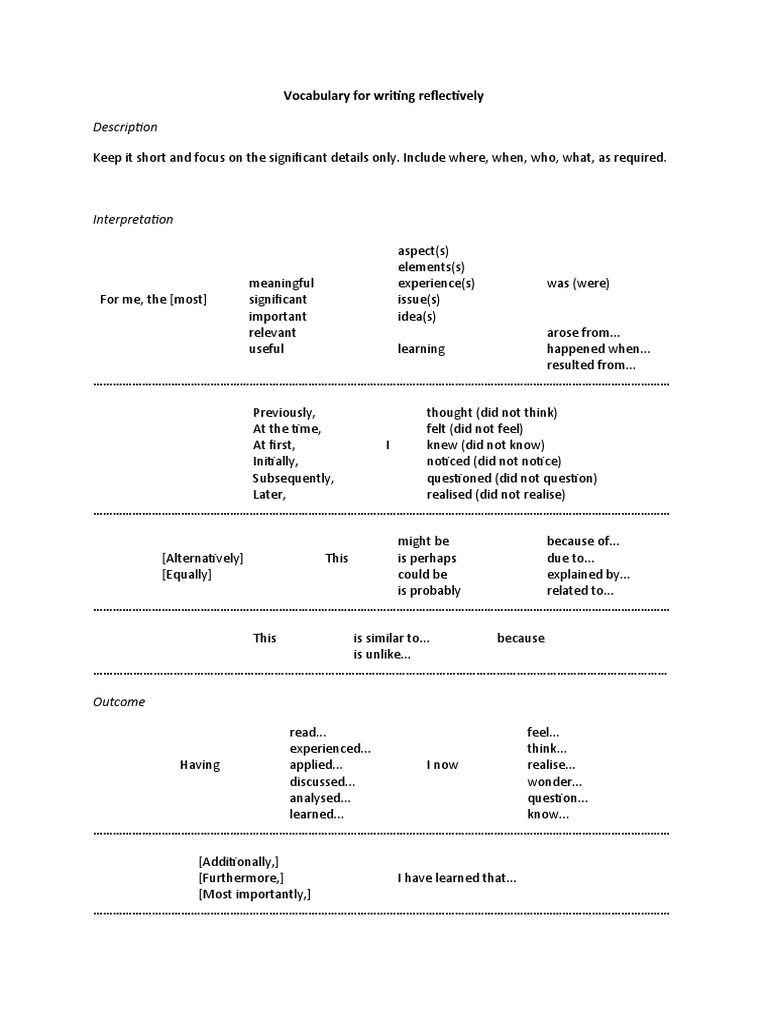 Reflective Writing Vocabulary | PDF