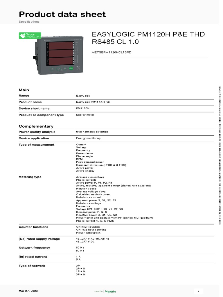 Product Data Sheet: Easylogic Pm1120H P&E THD RS485 CL 1.0 | PDF | Ac Power | Alternating Current