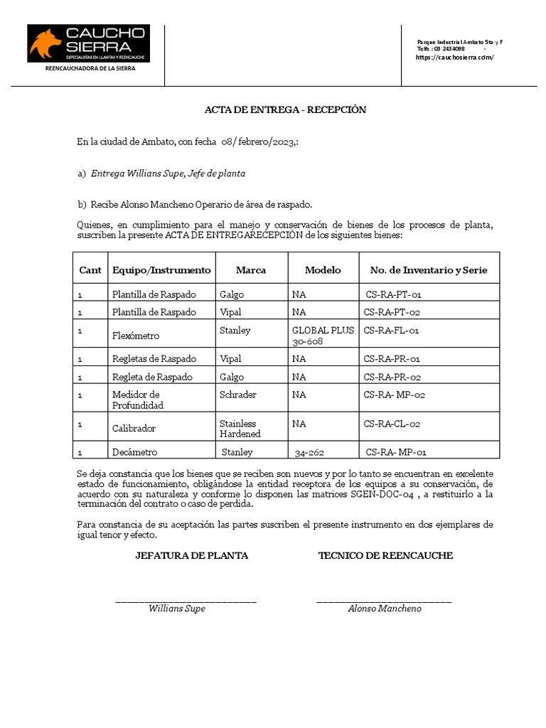Acta de Entrega-Recepción de Bienes | PDF