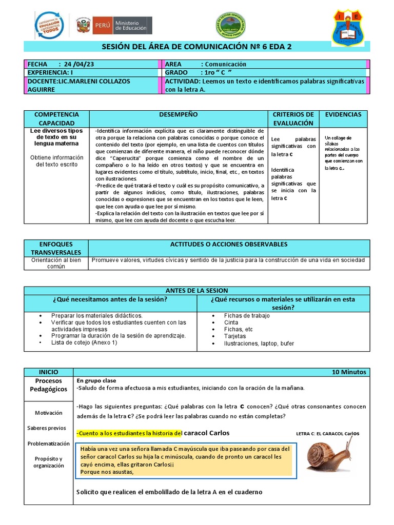 Sesión de Comu Vocal A 10 | PDF | Palabra | Evaluación