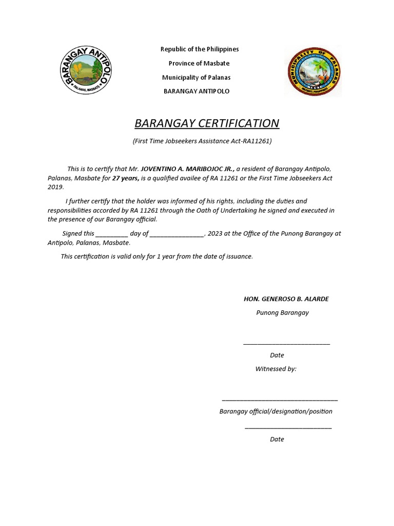 Barangay Certification For Job Seekers | PDF