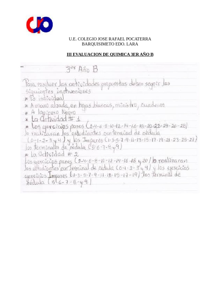 Evaluación de Química 3er Año Pocaterra | PDF