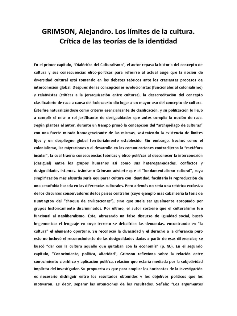 GRIMSON, Alejandro. Los Límites de La Cultura. Crítica de Las Teorías ...