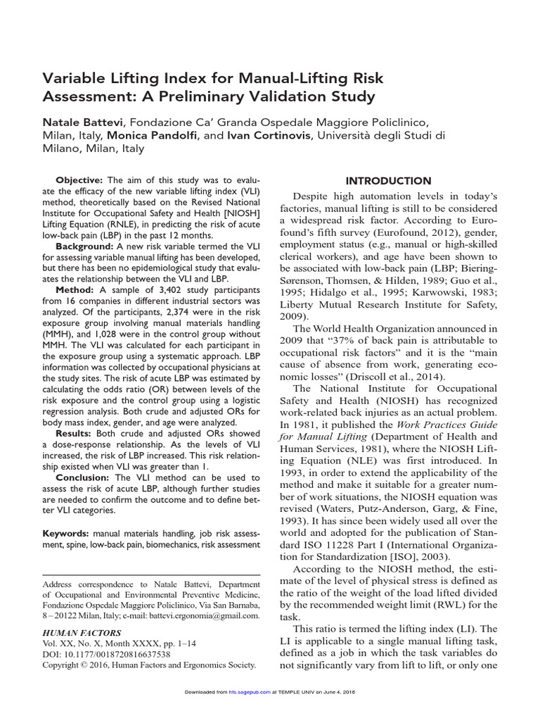 Variable Lifting Index For Manual-Lifting Risk Assessment: A Preliminary Validation Study | PDF