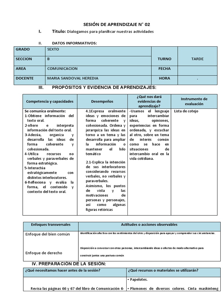Sesión de Aprendizaje #02 I. Título:: Dialogamos para Planificar Nuestras Actividades ...